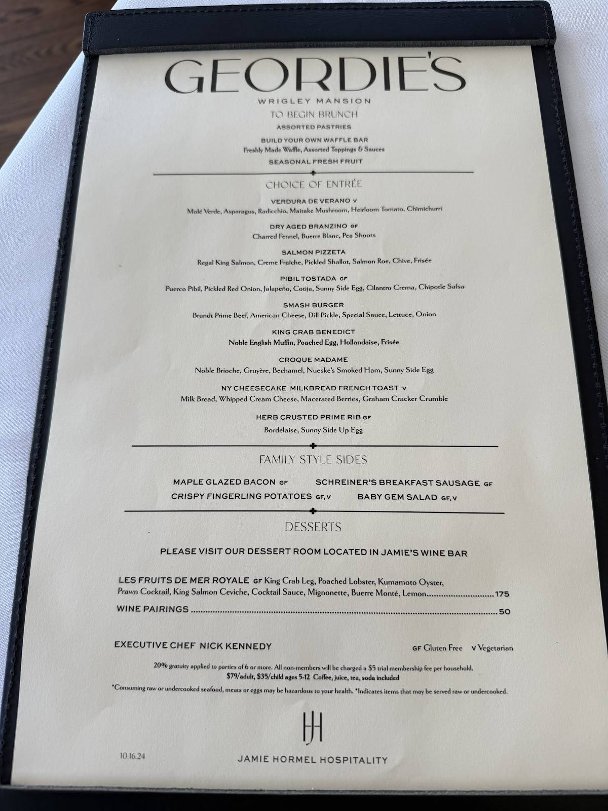 Carta del restaurante Geordie's at Wrigley Mansion, Phoenix
