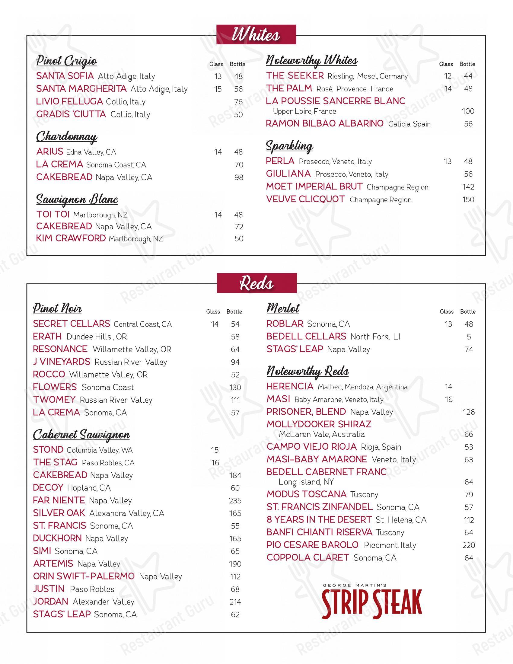 Carta de parrilla George Martin's Strip Steak, Great River