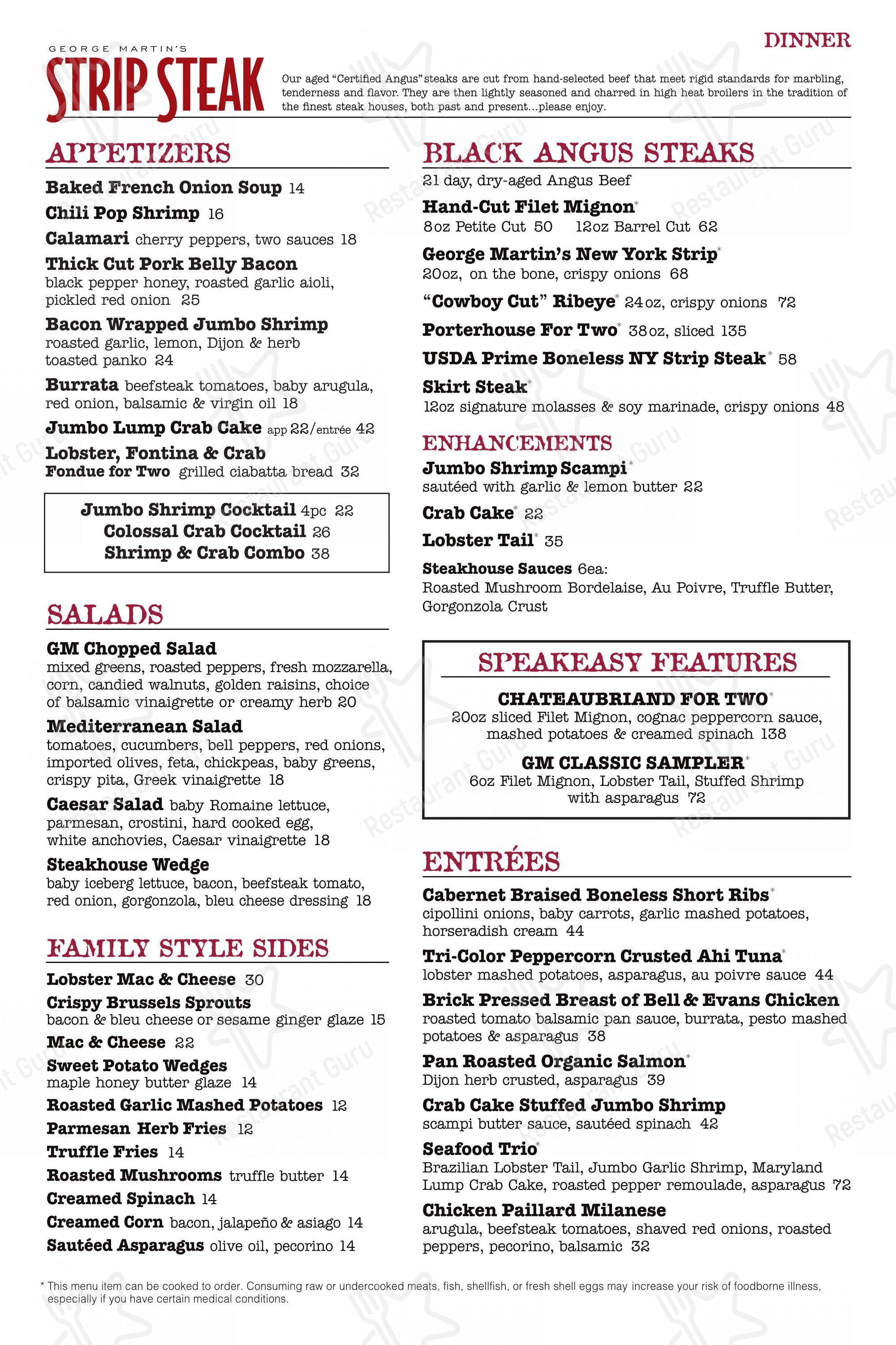 Carta de parrilla George Martin's Strip Steak, Great River