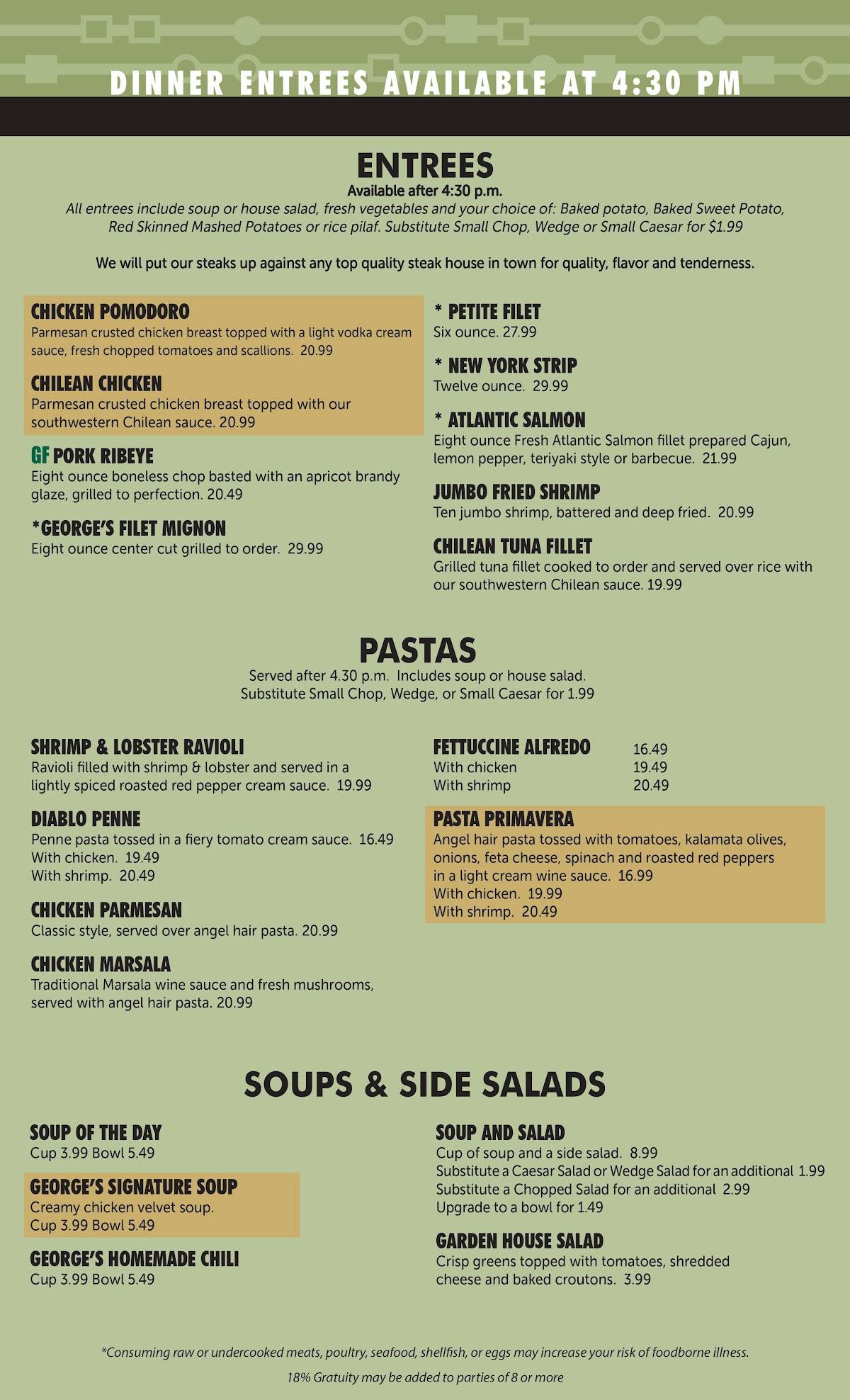 Menu at George's Neighborhood Grill restaurant, Indianapolis