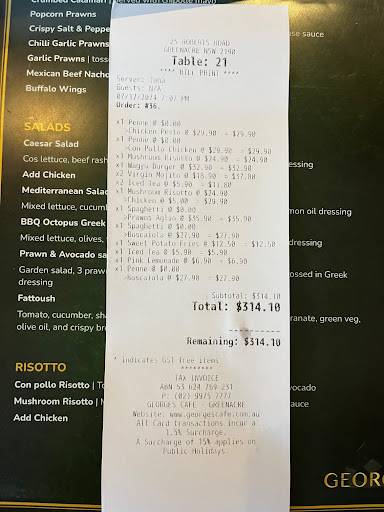Menu at Georges Restaurant Sydney, Greenacre