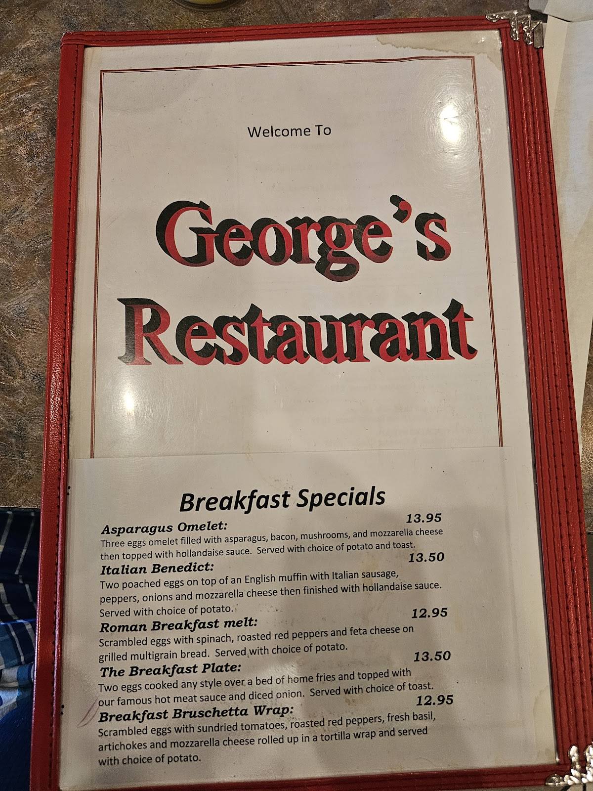 Menu at George's restaurant, Rochester, Penfield Rd