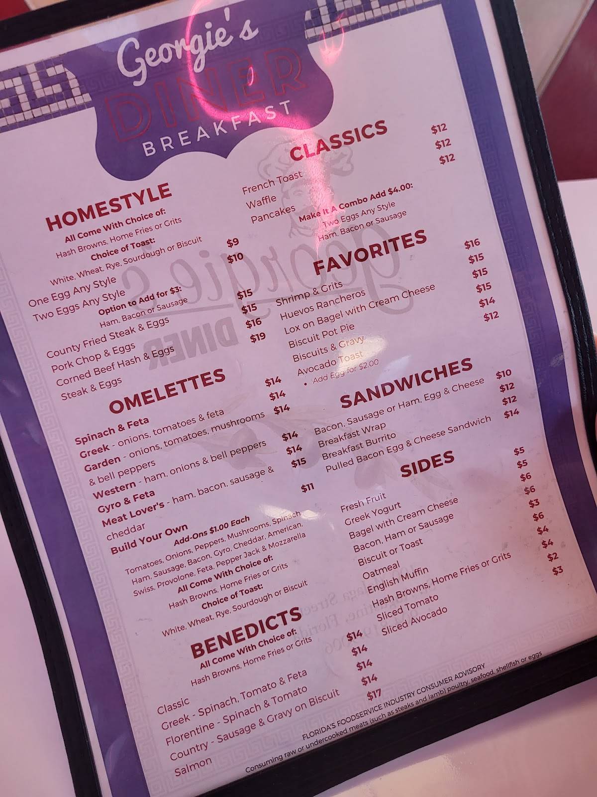 Menu at Georgie's Diner restaurant, St. Augustine
