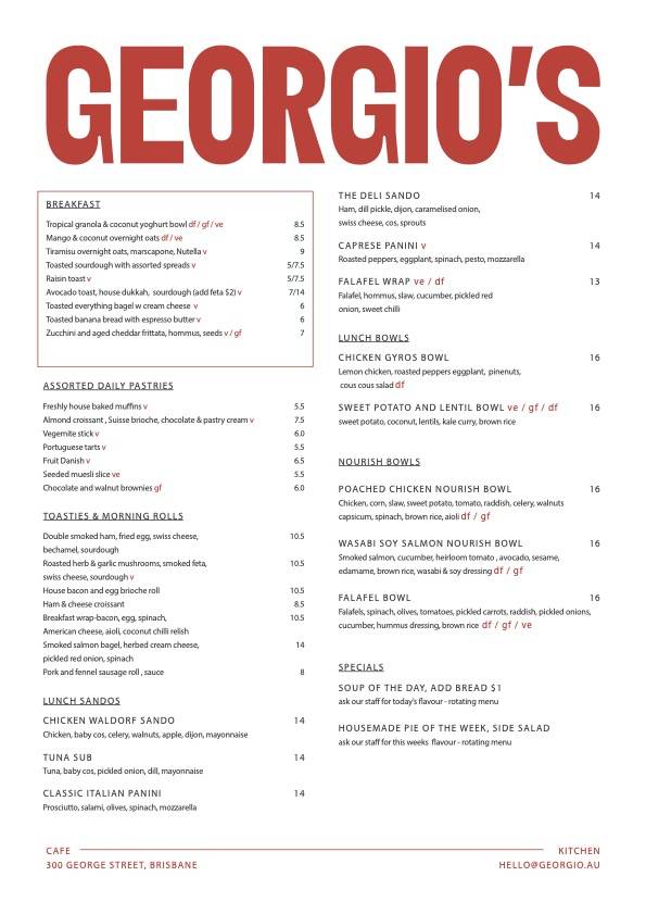Menu at Georgio’s Cafe, Brisbane City