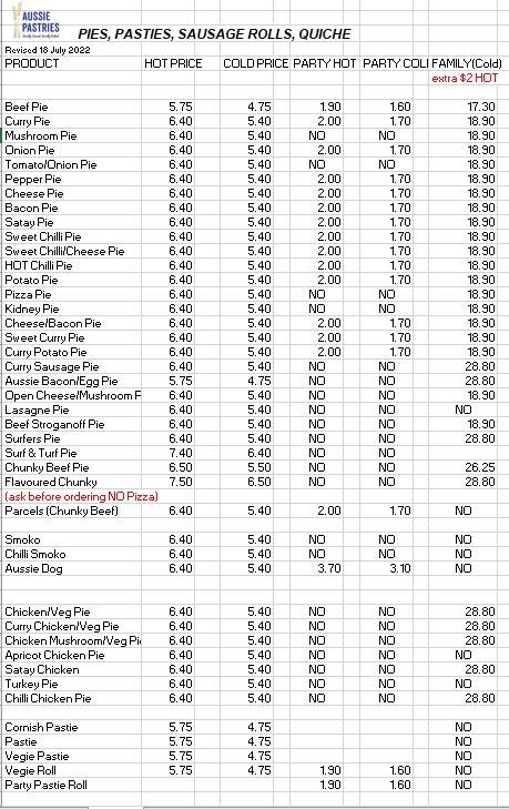 Menu at Aussie Pastries & Batavia Coast Bakery, Webberton, 25 Beaver St
