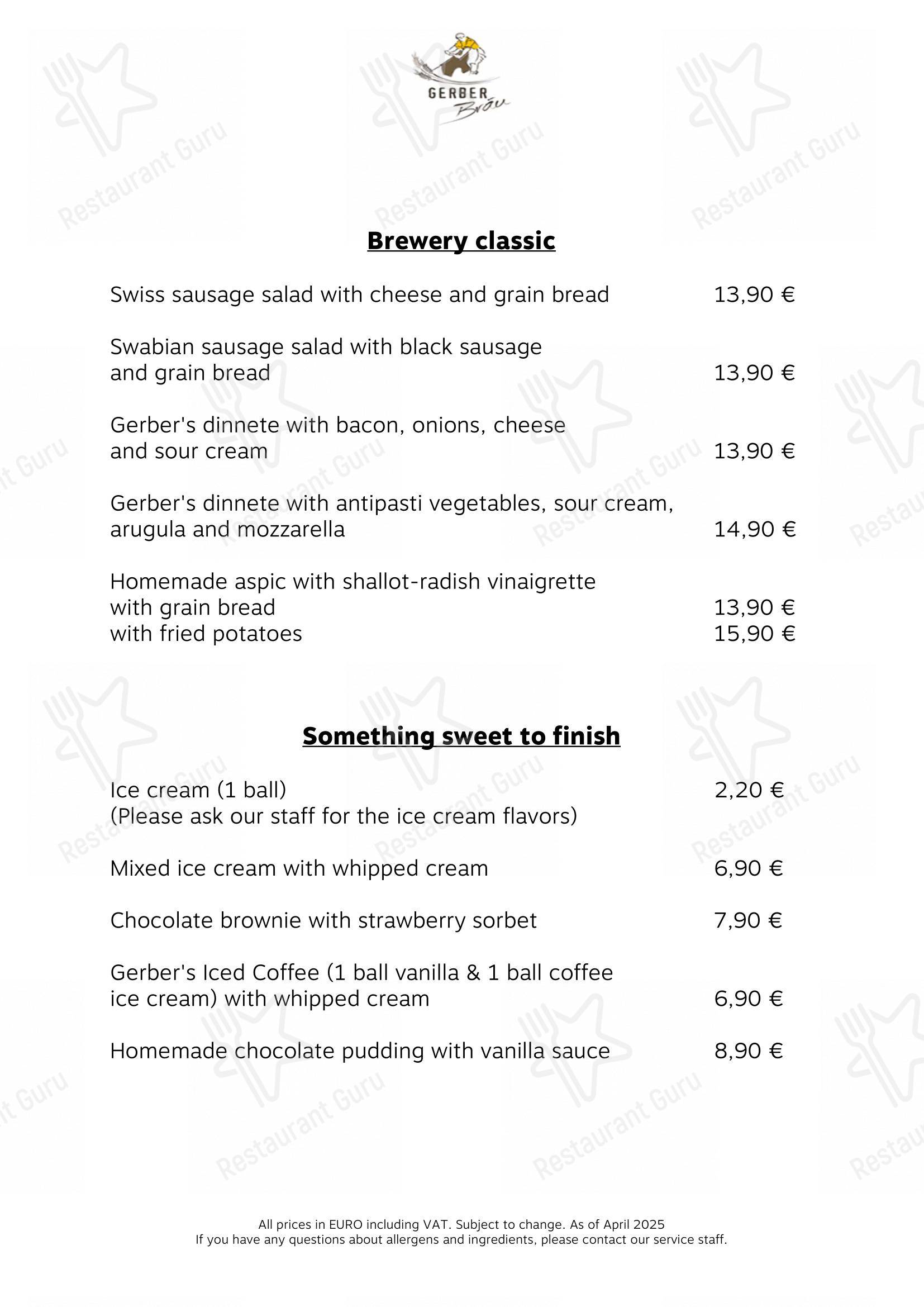 Speisekarte von Gerber Bräu Brauhaus restaurant, Uhingen