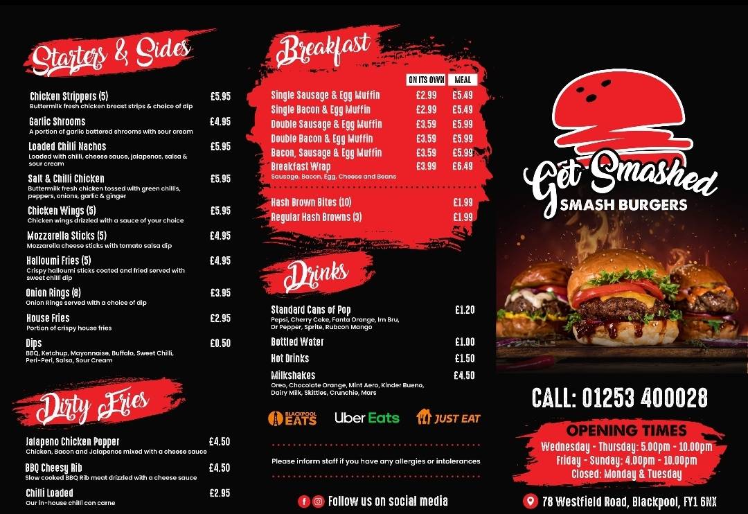 Menu at Get Smashed (Smash Burgers) restaurant, Blackpool