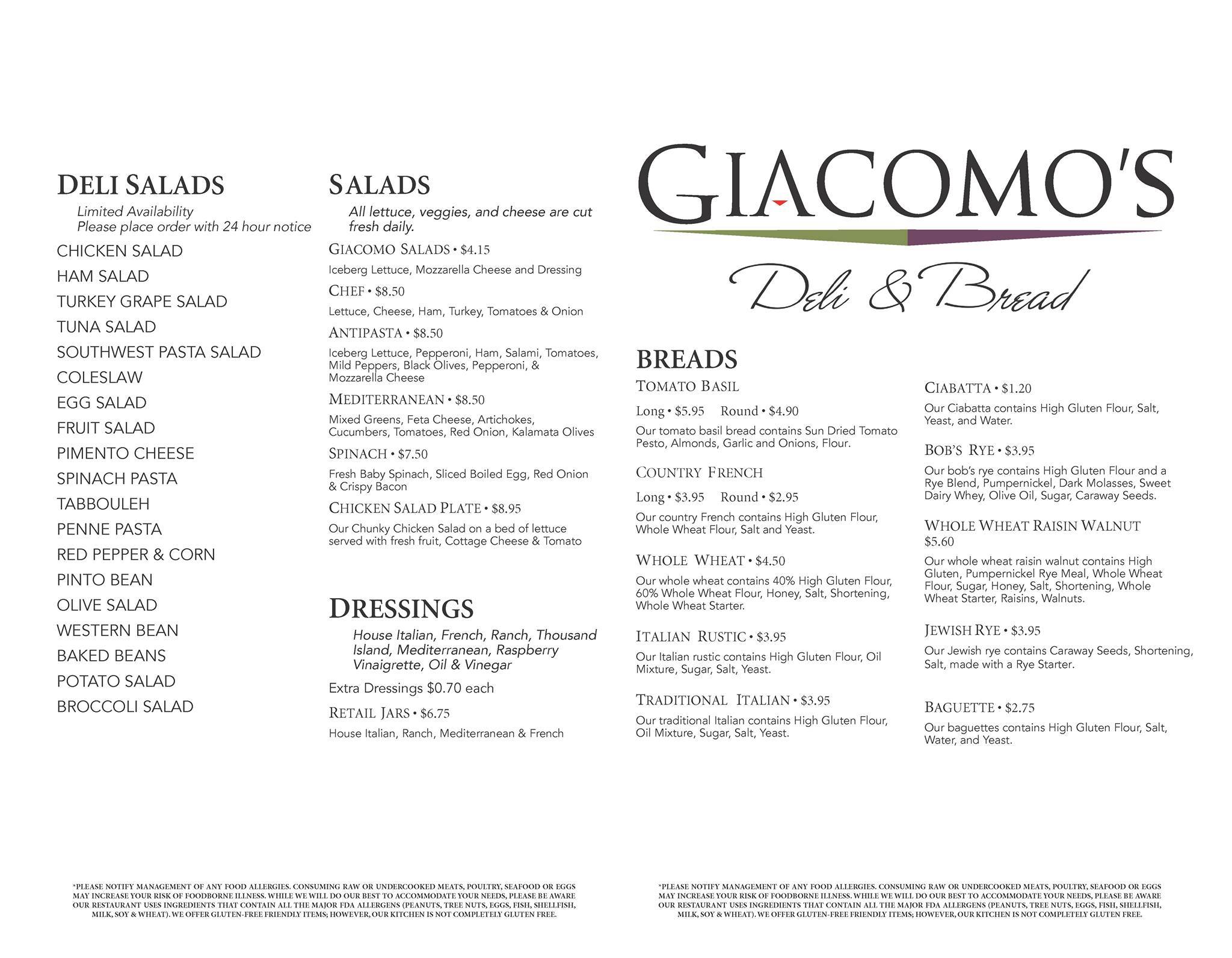 Menu at Giacomo's Bread & More restaurant, Zanesville