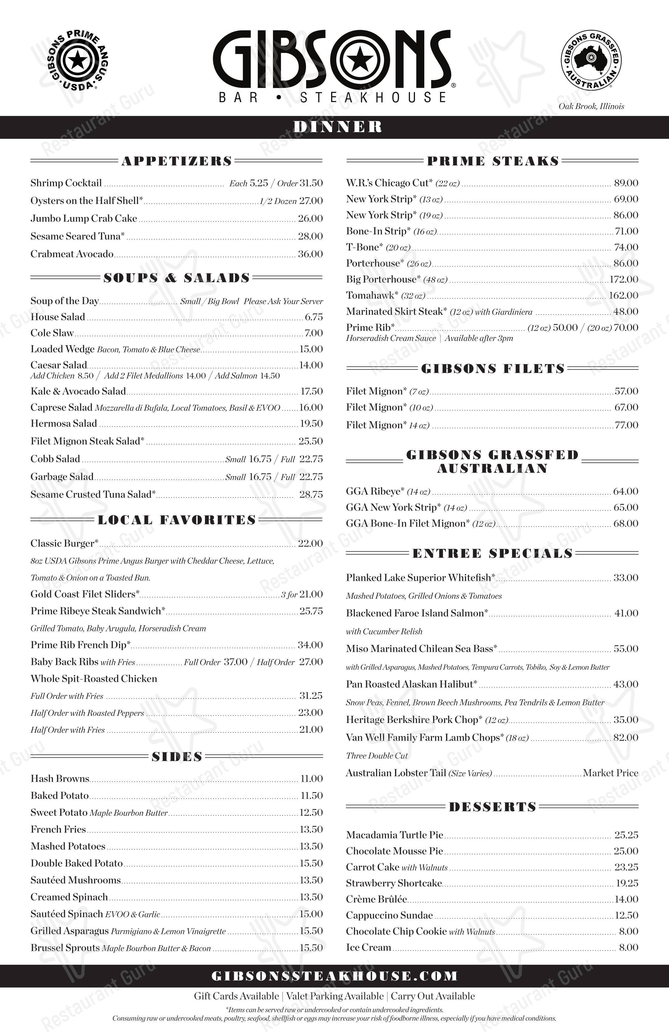 Menu at Gibsons Bar & Steakhouse, Oak Brook, Spring Rd