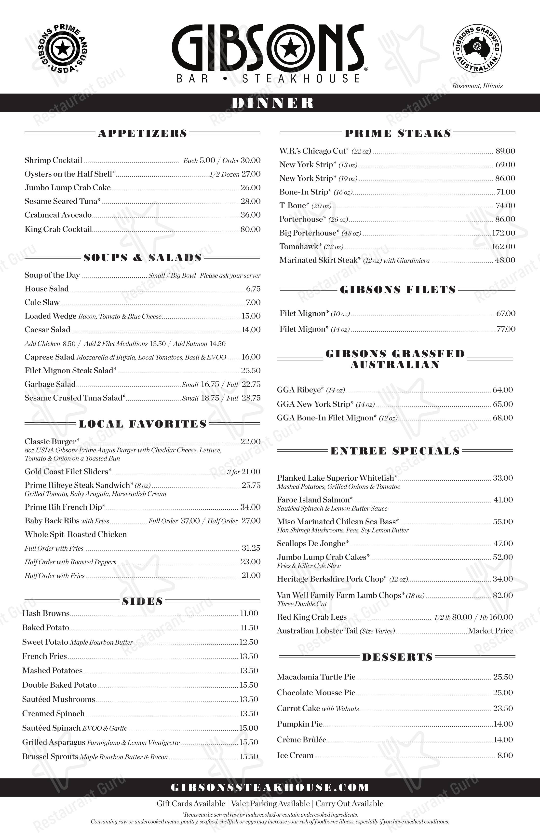 Menu at Gibsons Bar & Steakhouse, Oak Brook, Spring Rd
