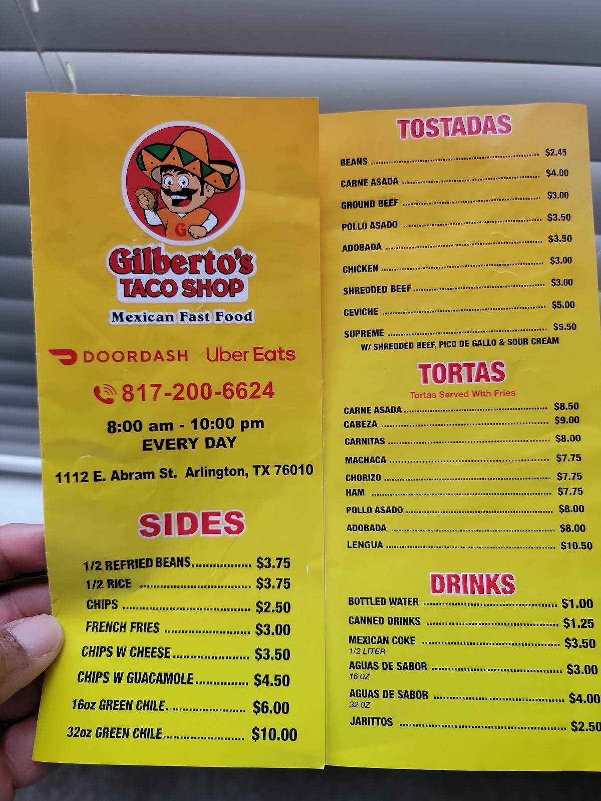 Menu at Gilberto's Taco Shop restaurant, Arlington
