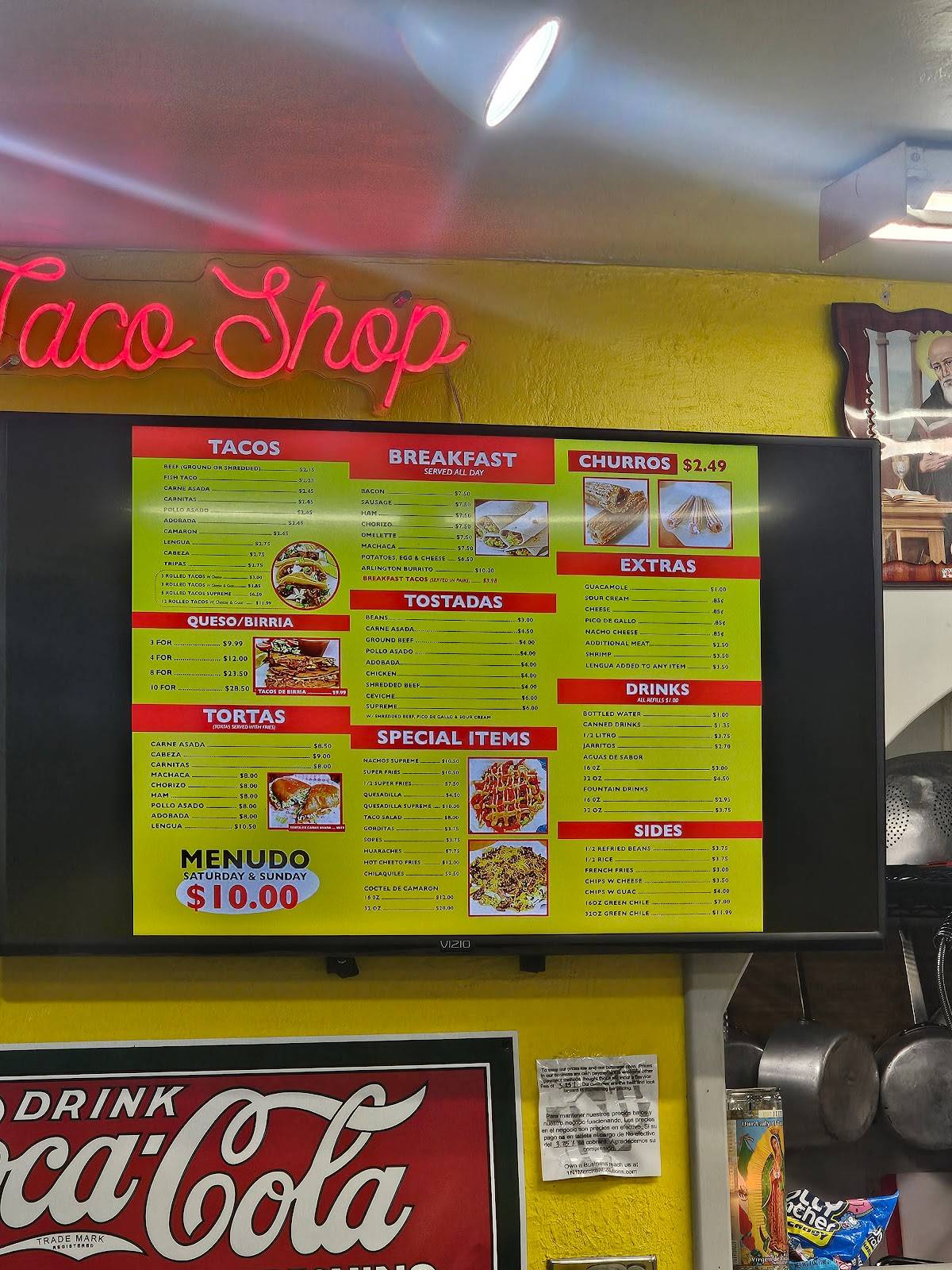 Menu at Gilberto's Taco Shop restaurant, Arlington