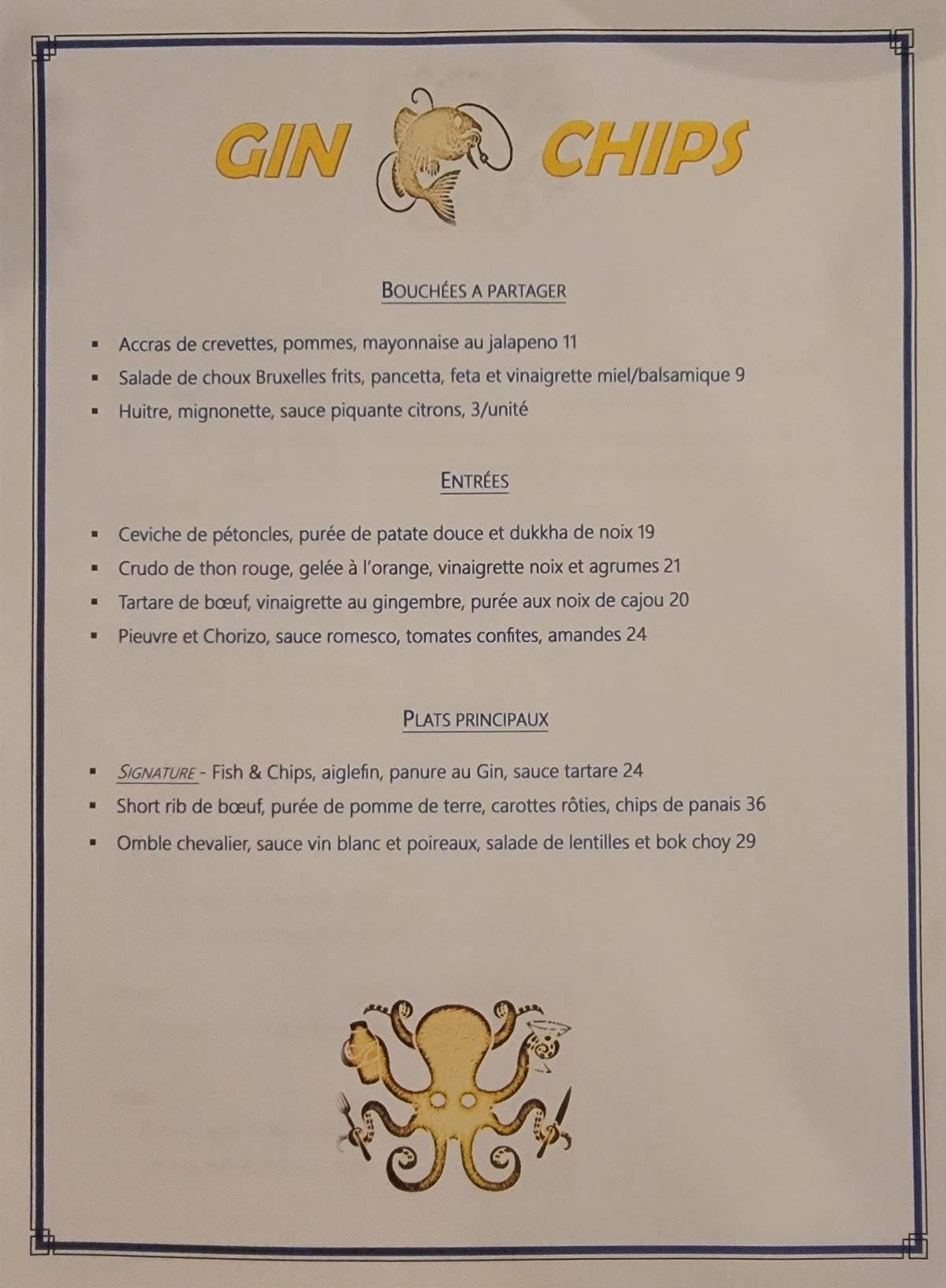 Menu au Gin et Chips restaurant, Gatineau