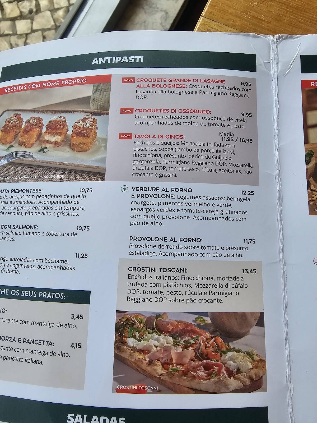 Menu at Ginos restaurant, Lisbon, Alameda dos Oceanos 1.06 1.1