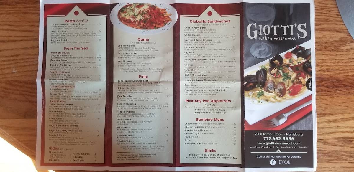 Menu at Giotti's restaurant, Harrisburg