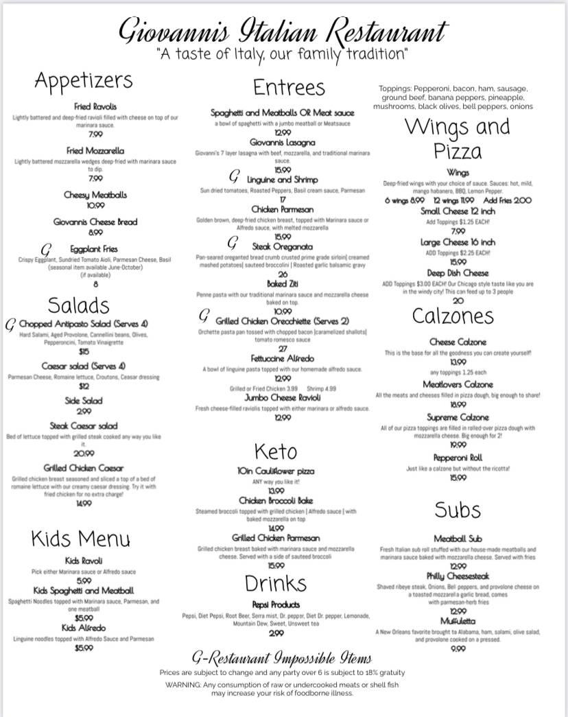 Menu at Giovanni's Italian Restaurant, Sylacauga, US-280
