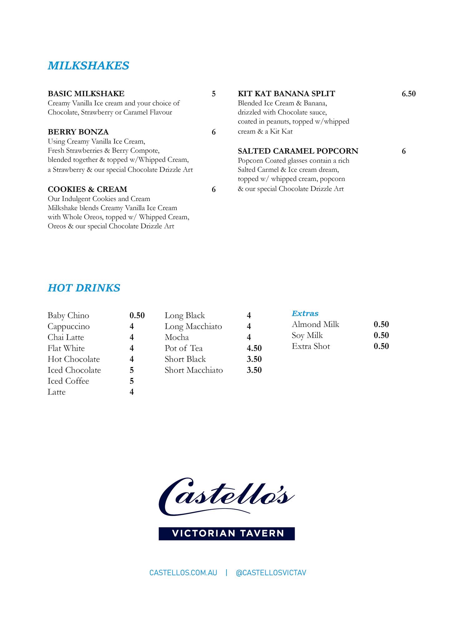 Menu at Castello's Victorian Tavern pub & bar, Gisborne