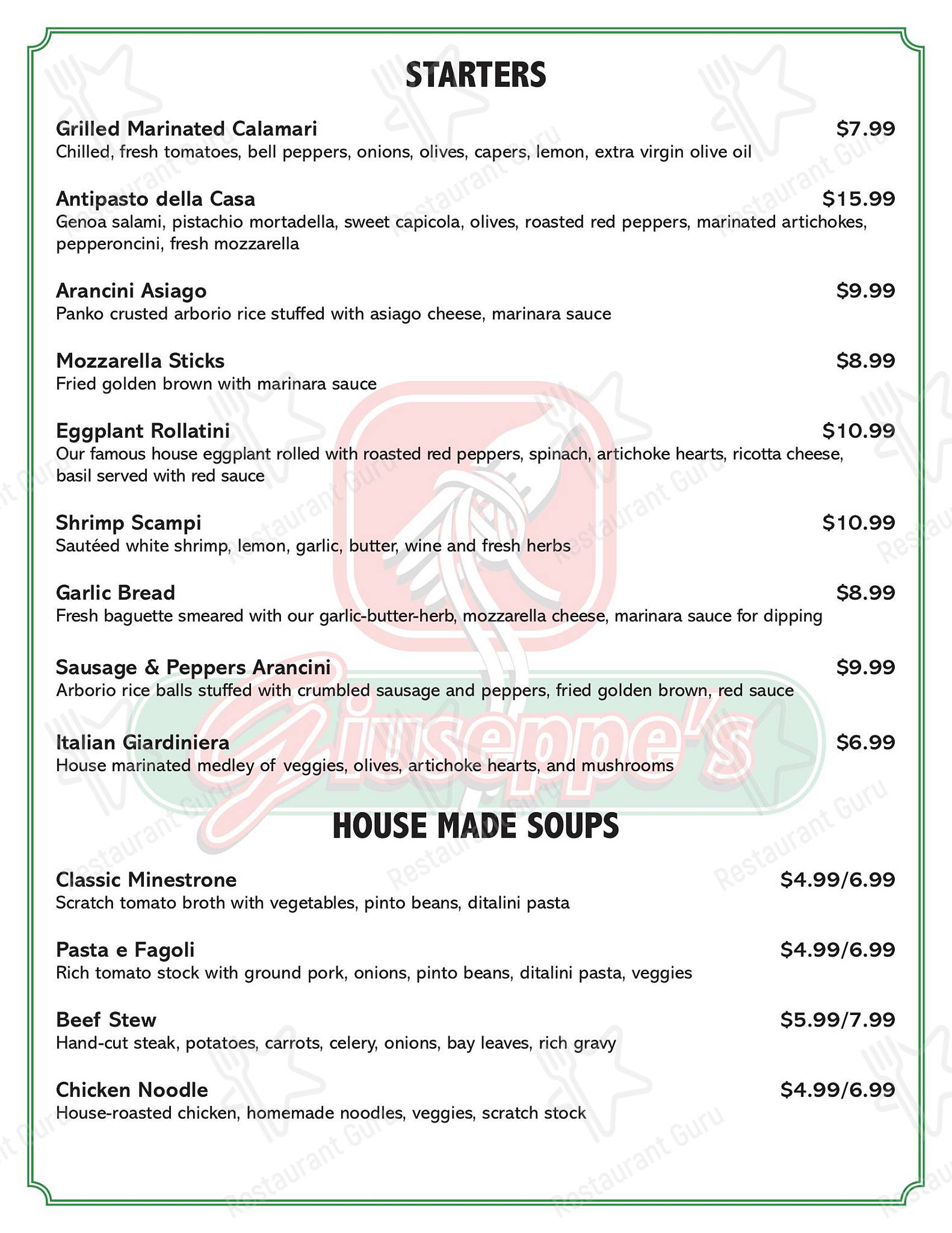 Menu at Giuseppe's restaurant, Newburyport