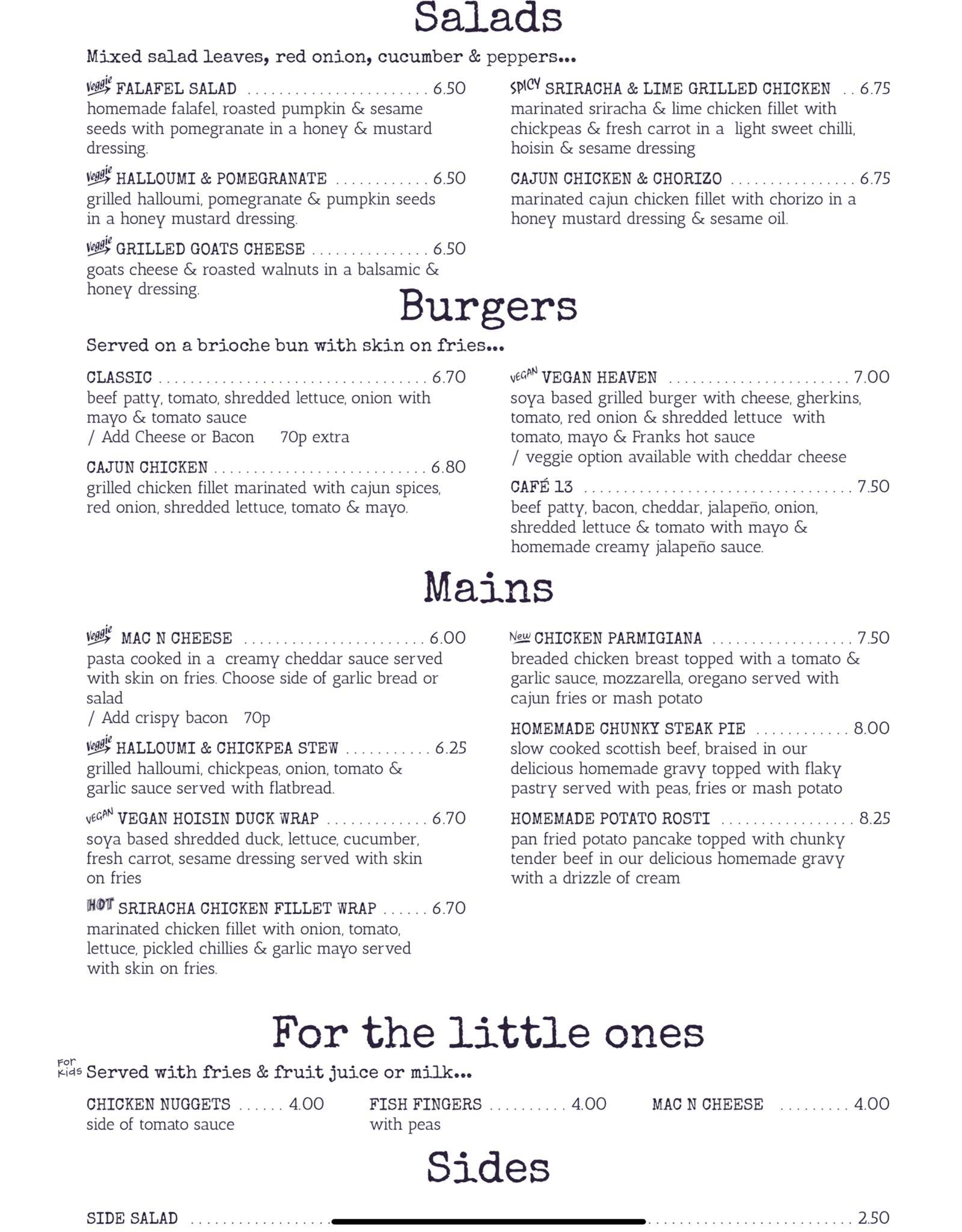 Menu at Cafe 13, Glasgow, 794 Govan Rd