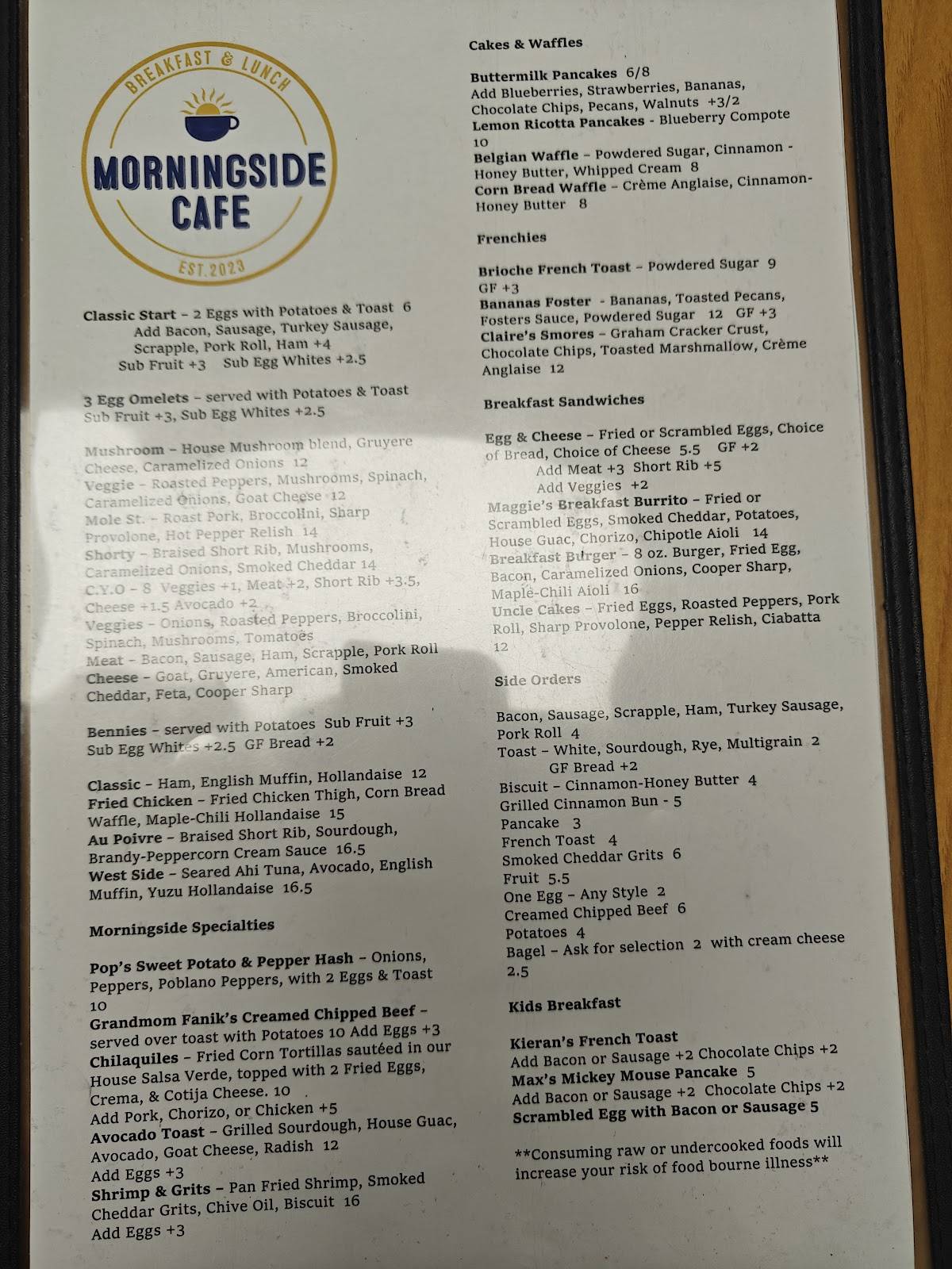 Menu at Morningside Cafe, Glen Mills