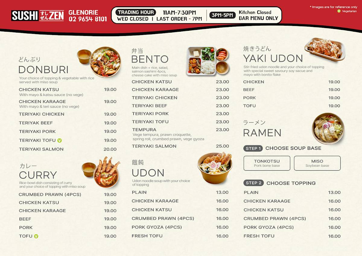 Menu at Sushi Zen restaurant, Glenorie