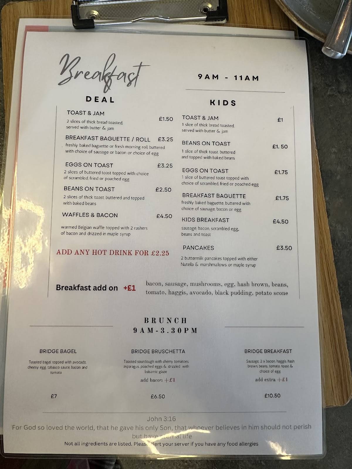 Menu at Bridge Cafe, Glenrothes