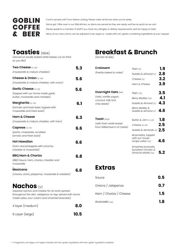 Menu at Goblin Coffee & Beer pub & bar, Northwich
