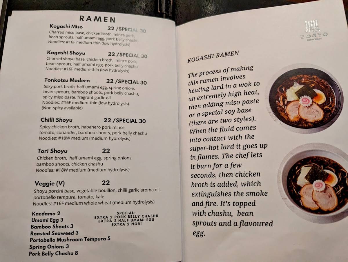 Menu at Gogyo restaurant, Surry Hills