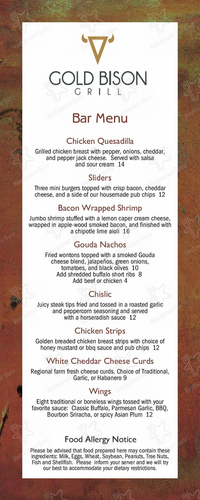 Menu at Gold Bison Grill cafe, Rapid City