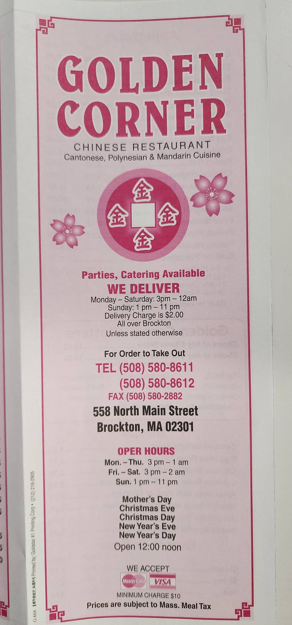 Menu at Golden Corner restaurant, Brockton