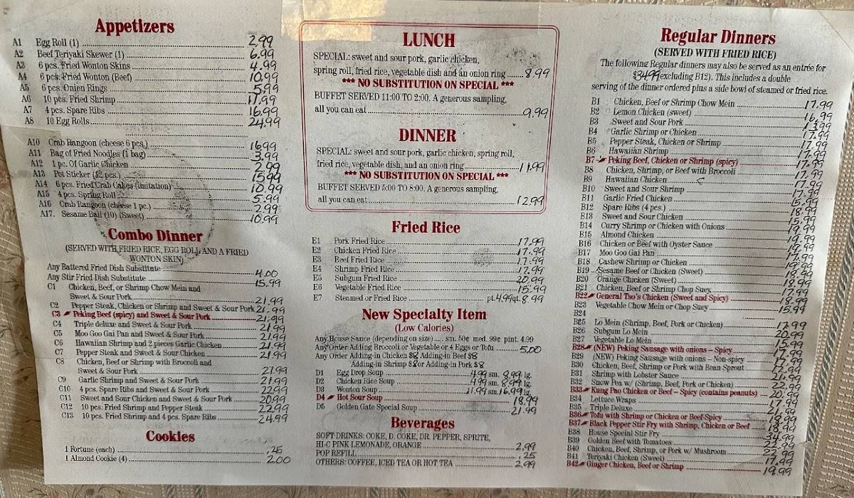 Menu at Golden Gate Restaurant, Tulsa