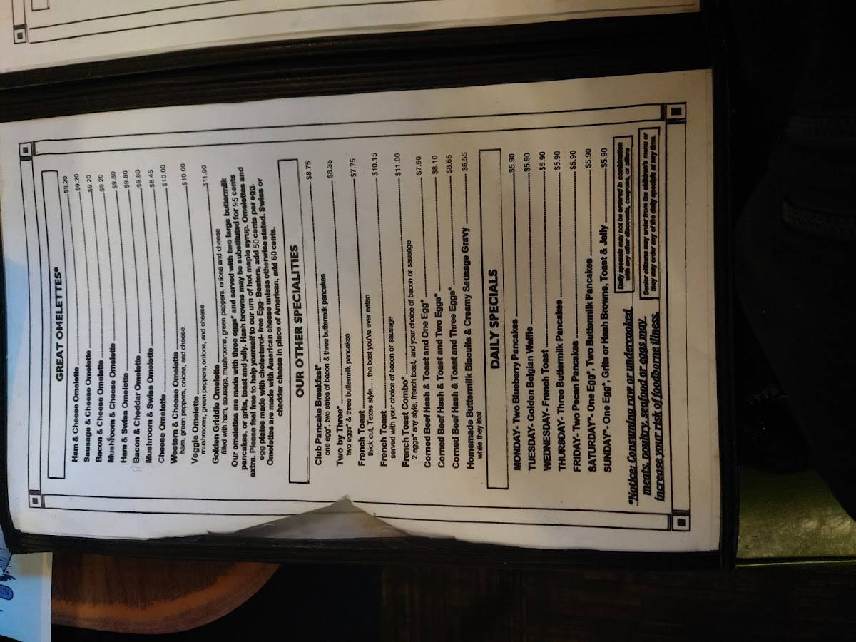 Menu at Golden Griddle Pancake House restaurant, North Myrtle Beach