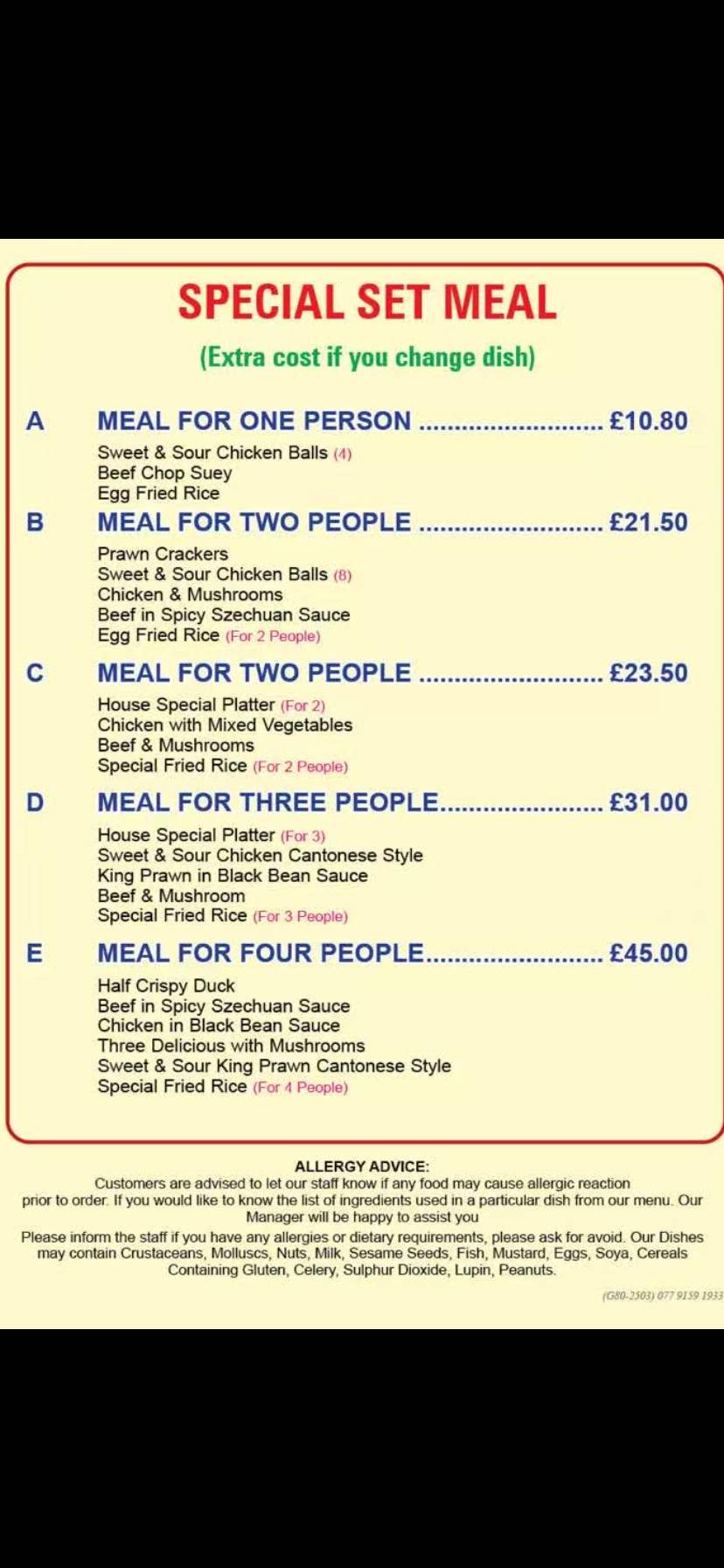Menu at Golden House fast food, Sheffield, 398 Richmond Rd