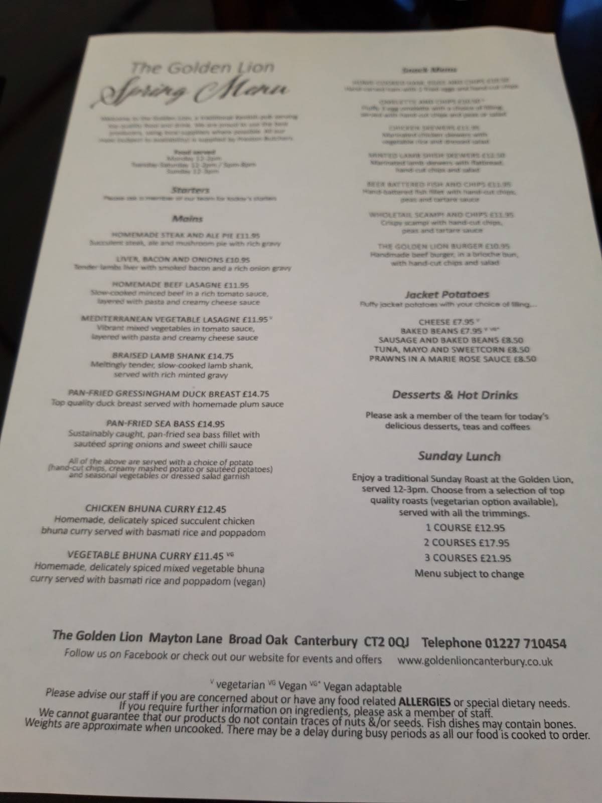 Menu at Golden Lion pub & bar, Canterbury