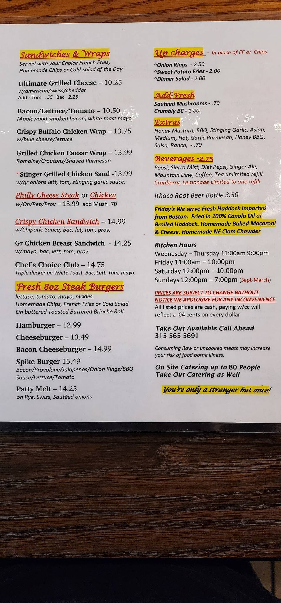 Menu at Golden Spike Pub, East Syracuse