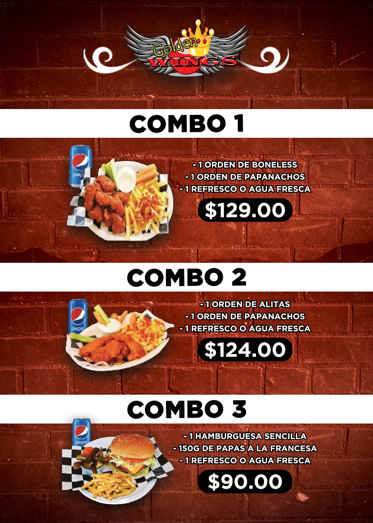 Menu at Golden Wings restaurant, Saltillo
