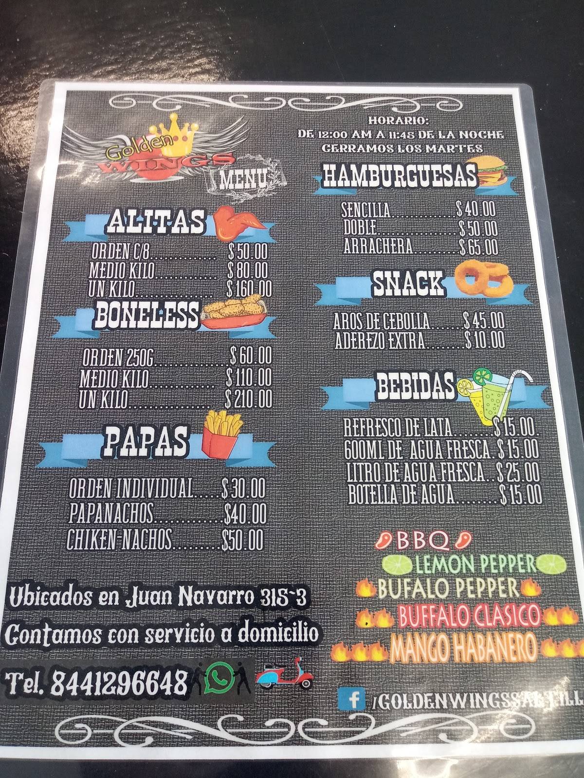Carta del restaurante Golden Wings, Saltillo