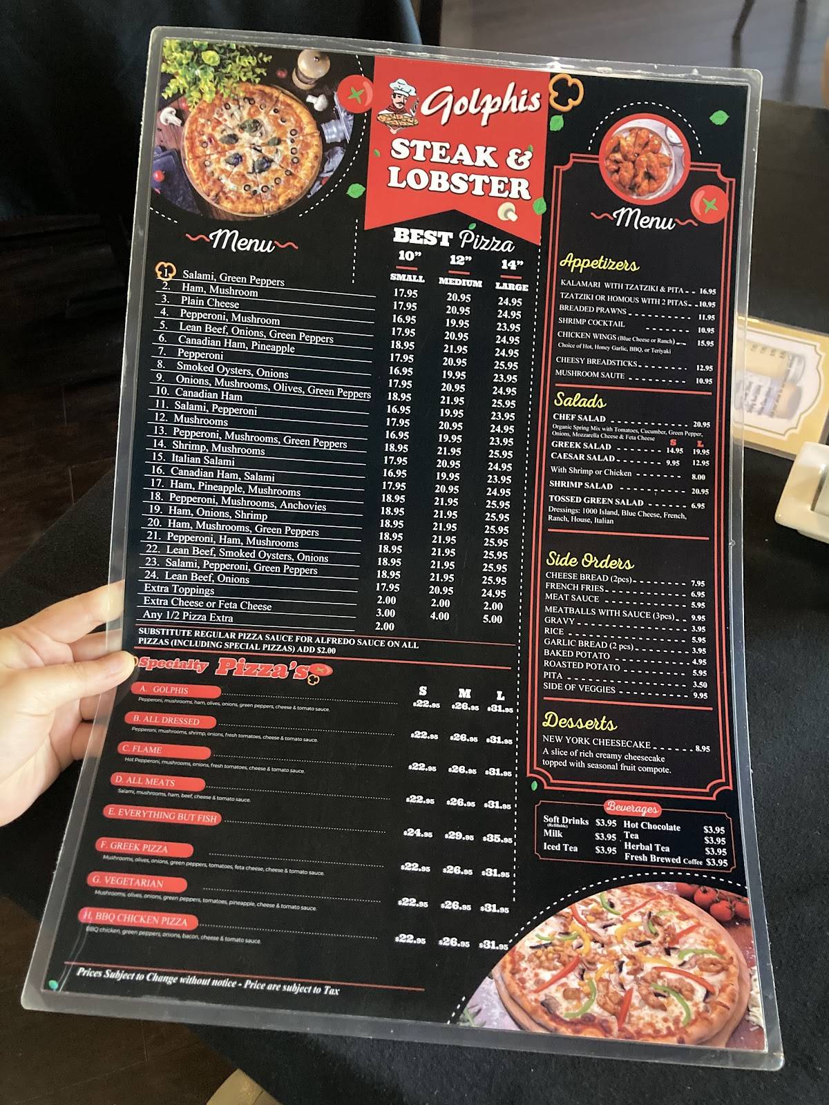 Menu at Golphis Steak & Lobster pizzeria, Port Moody