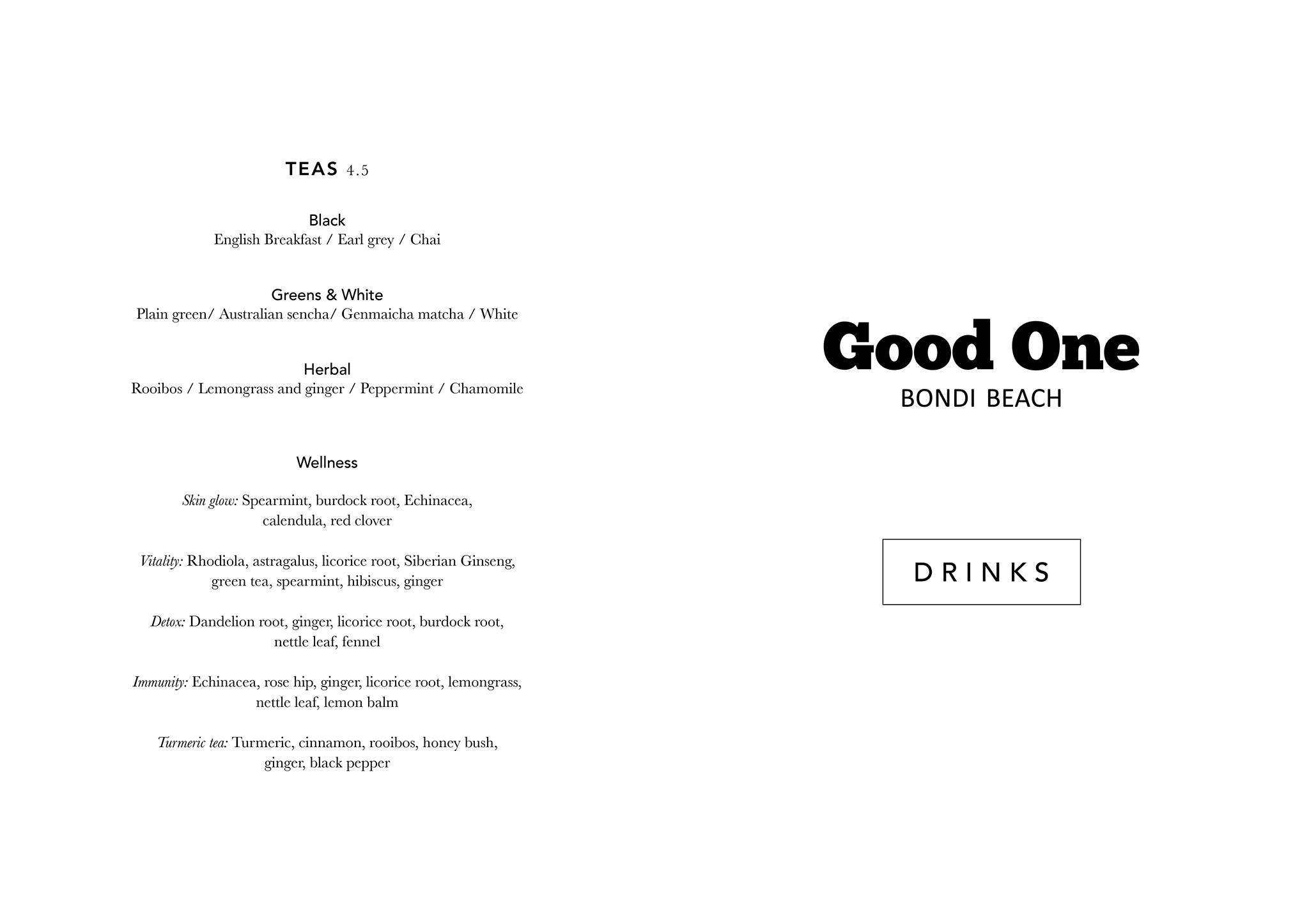 Menu at Good One Cafe Bondi Beach, Bondi Beach