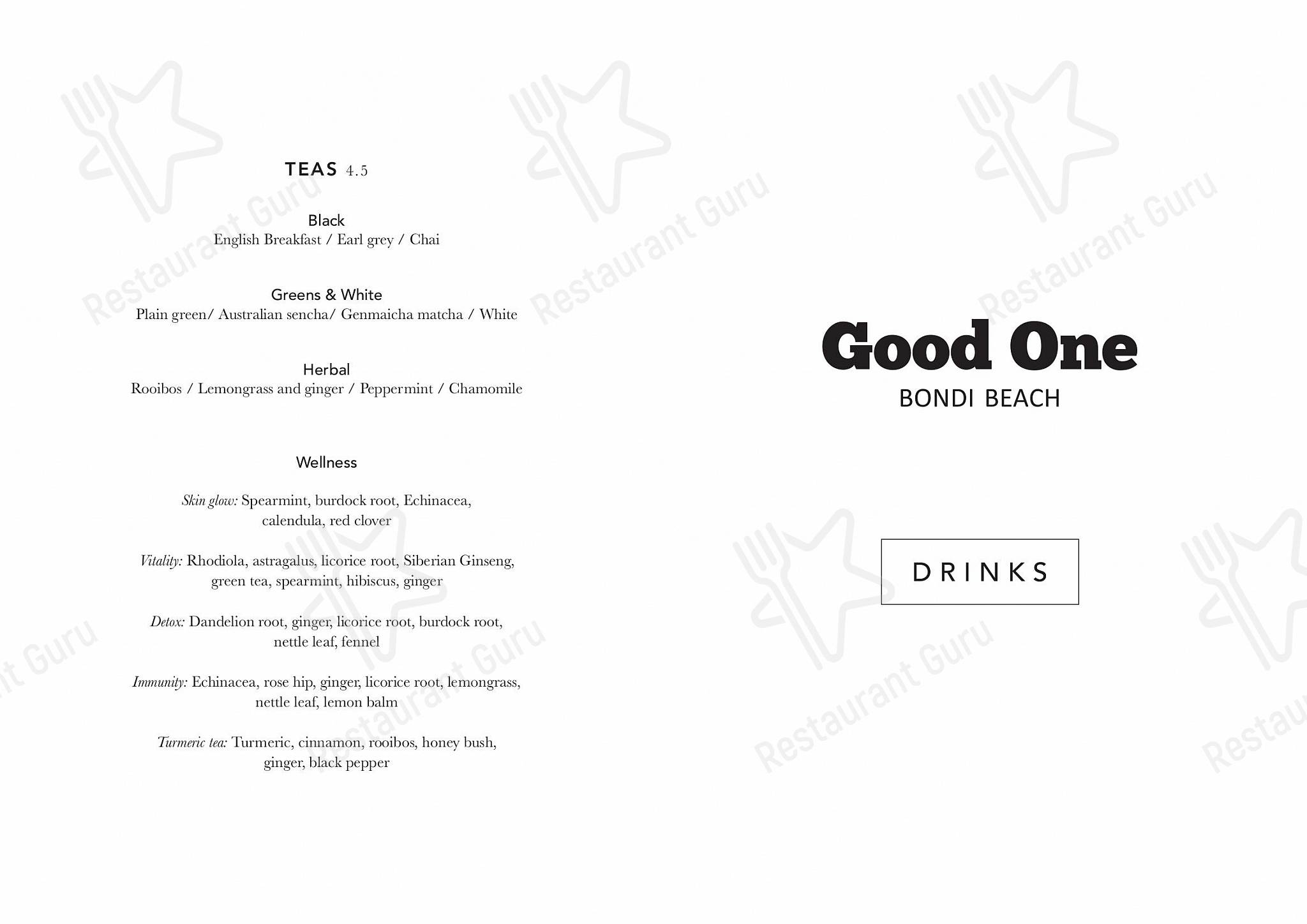 Carta de Good One Cafe Bondi Beach, Bondi Beach