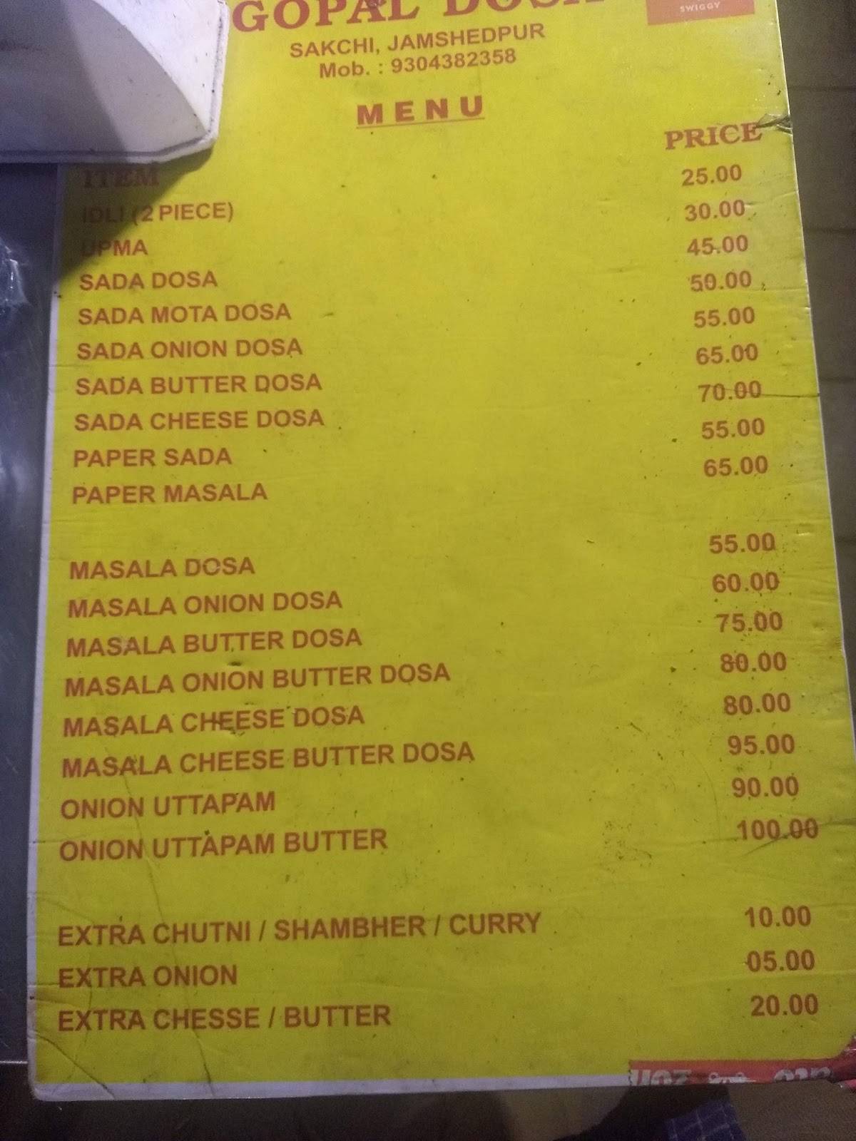 Menu at Gopal Dosa, Jamshedpur