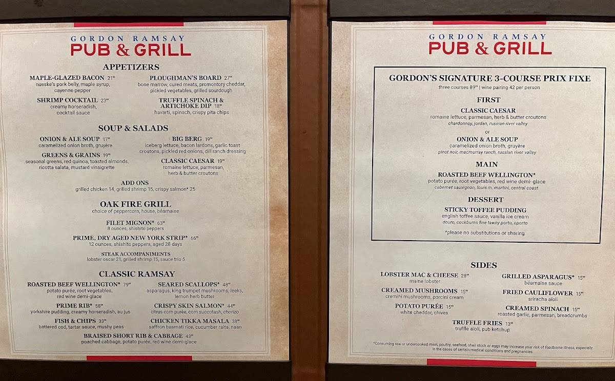Menu at Gordon Ramsay Pub & Grill, Las Vegas, Las Vegas Blvd S