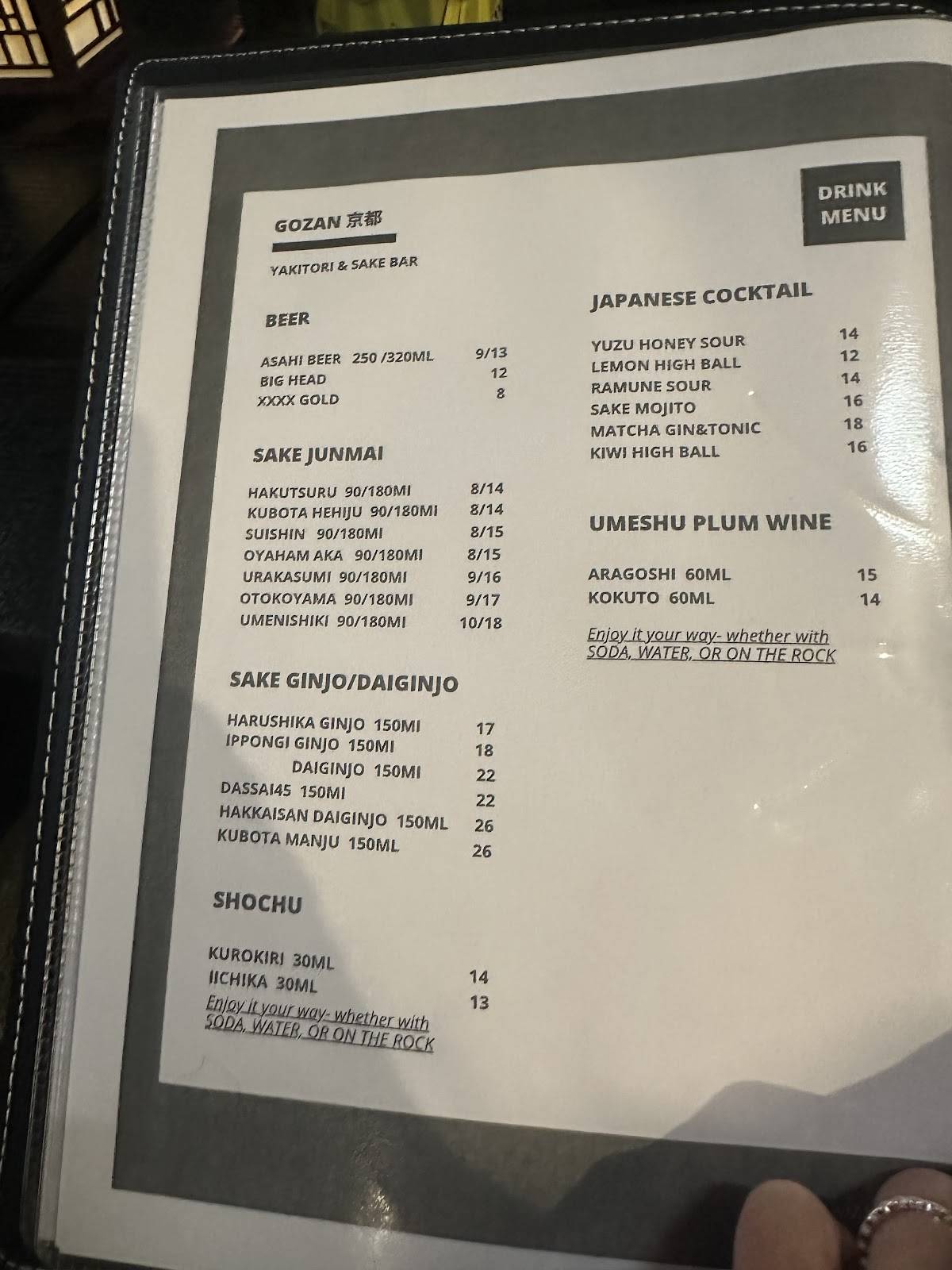 Menu at Gozan Kyoto Charcoal Grill Izakaya restaurant, Mermaid Waters