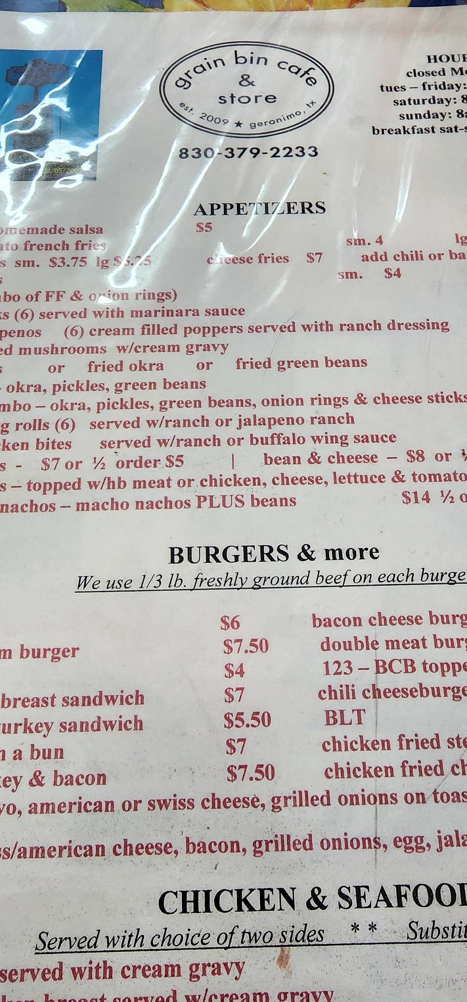 Menu at Grain Bin Cafe & Store, Seguin