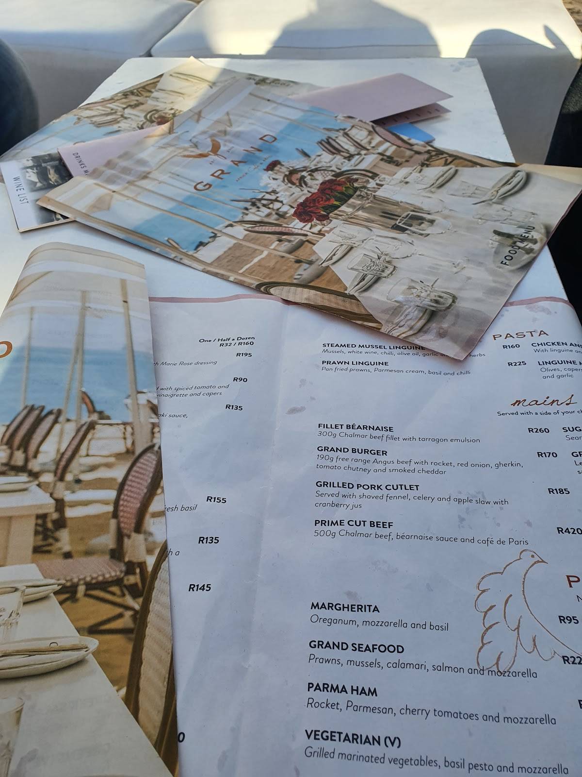 Menu at Grand Africa Café & Beach restaurant, Cape Town