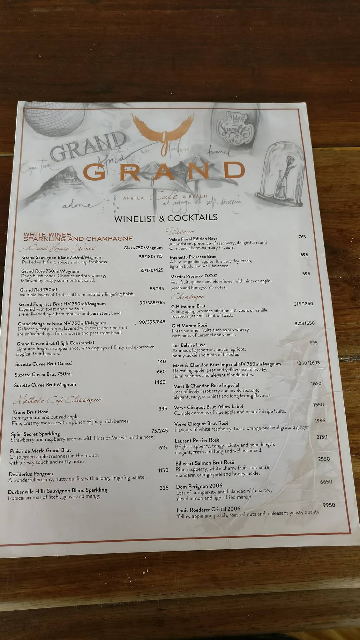 Menu at Grand Africa Café & Beach restaurant, Cape Town