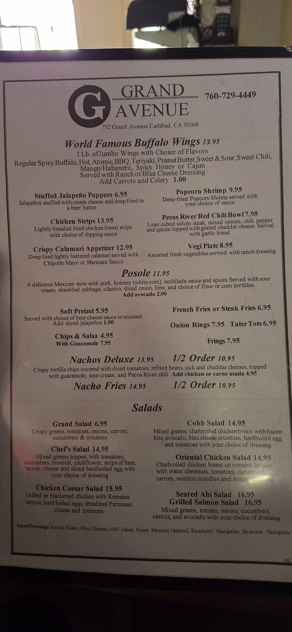 Menu at Grand Avenue Bar & Grill, Carlsbad
