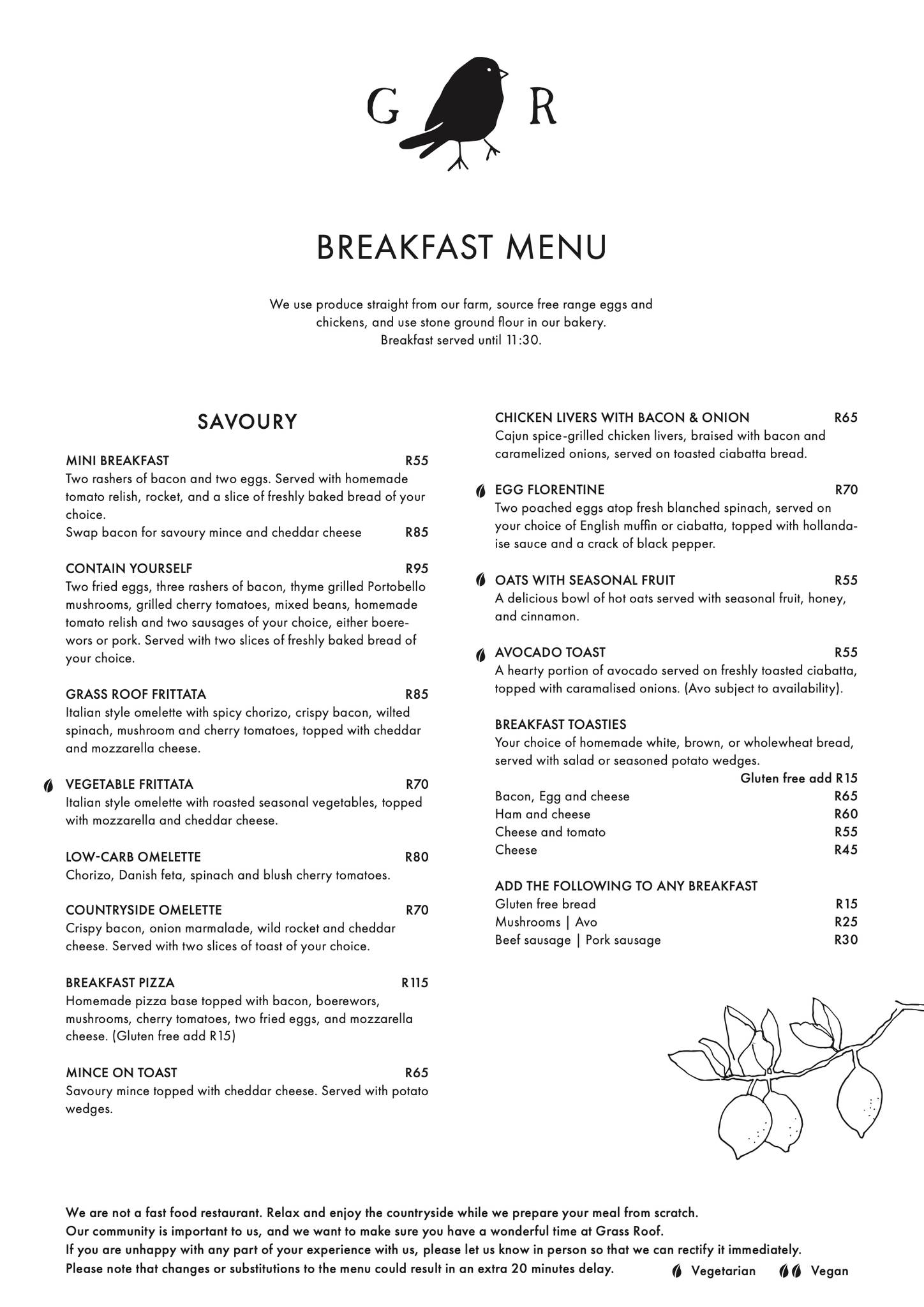 Menu at Grass Roof restaurant, Port Elizabeth