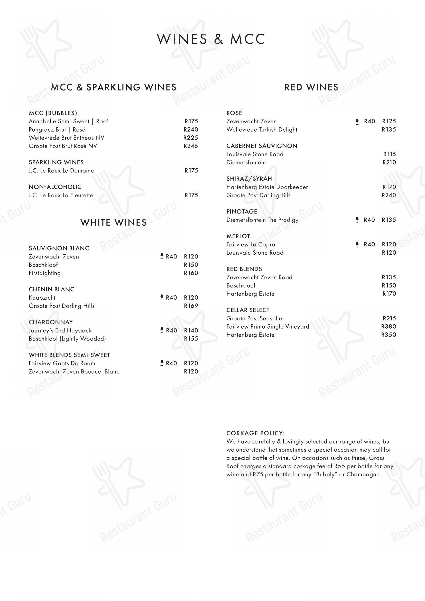 Menu at Grass Roof restaurant, Port Elizabeth