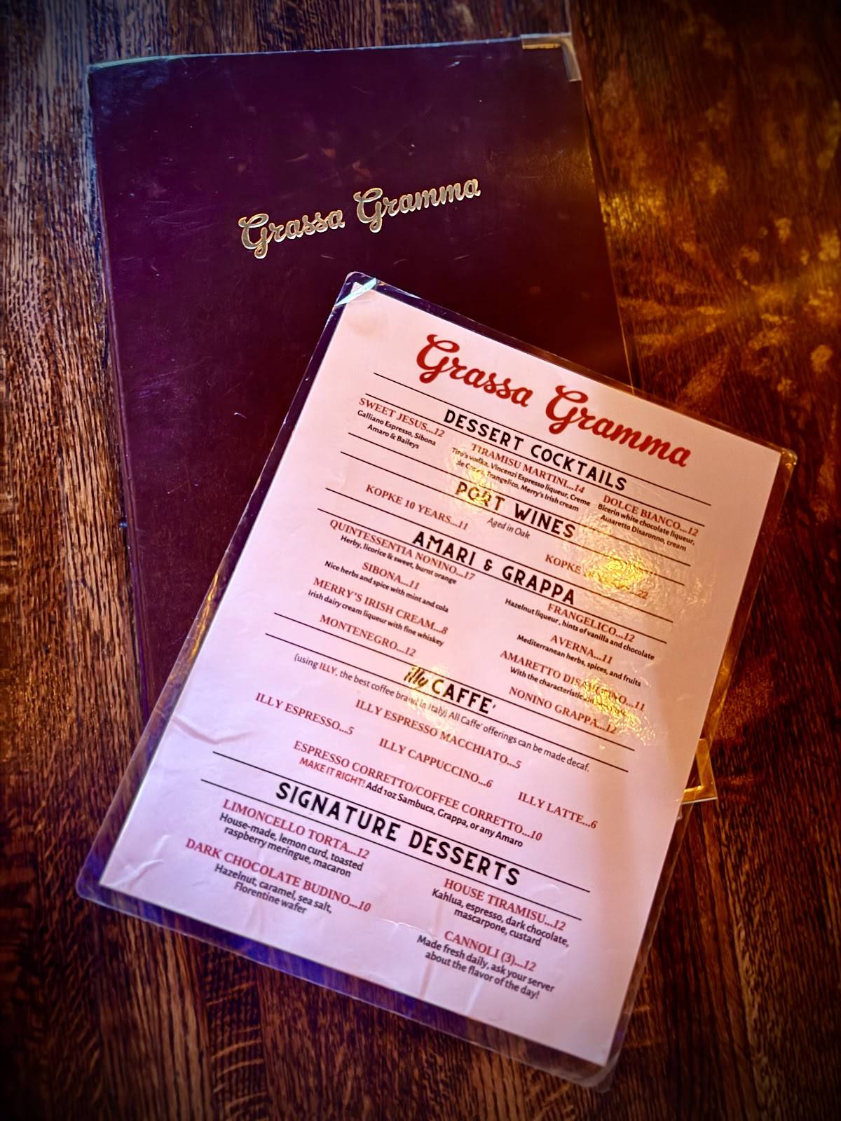 Menu at Grassa Gramma restaurant, Louisville